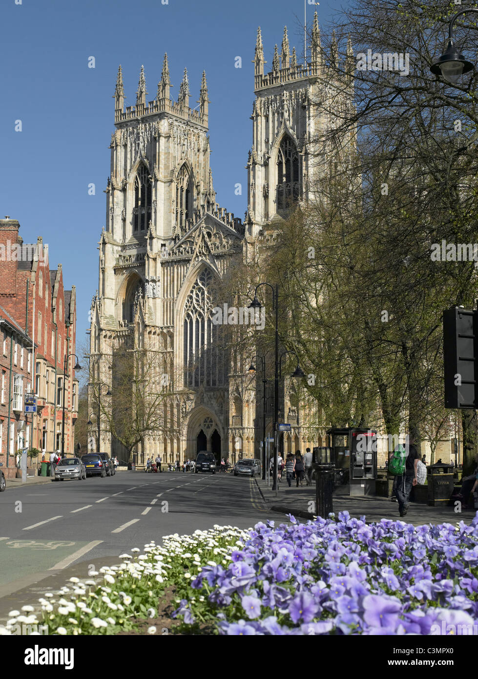 The West front towers of York Minster from Duncombe Place in spring ...