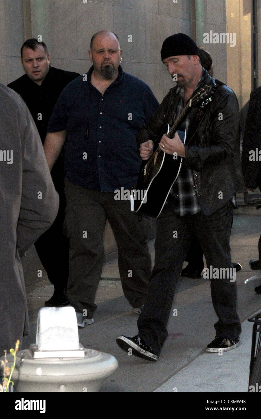 The Edge band members of U2 leaving MTV studios at the Masonic Temple ...