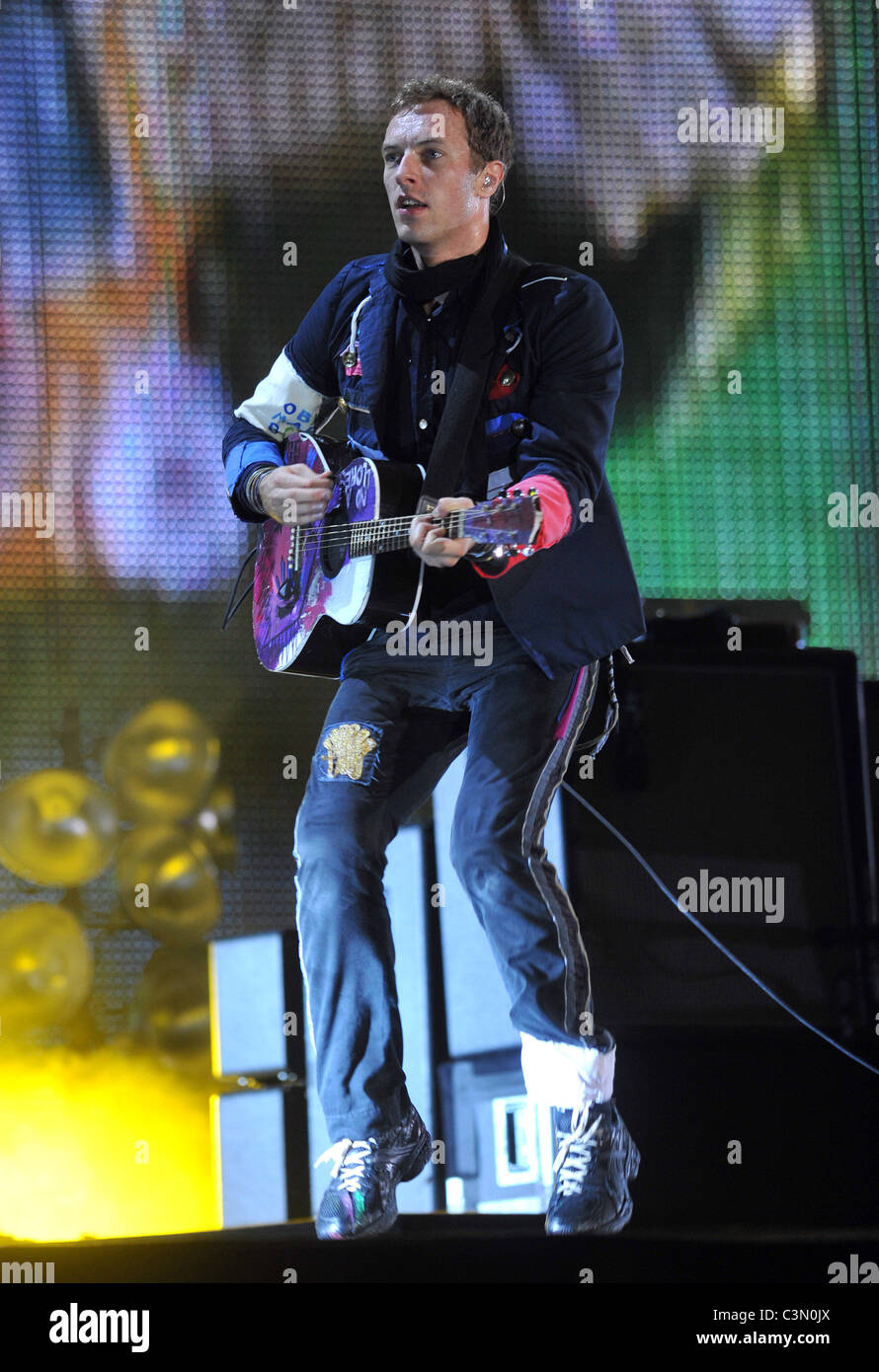 Chris Martin of Coldplay Coldplay live at the Wembley Stadium promoting ...
