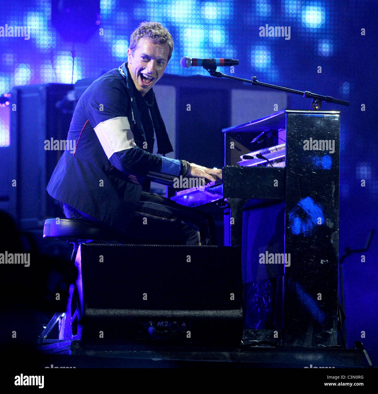 Chris Martin of Coldplay Coldplay live at the Wembley Stadium promoting ...