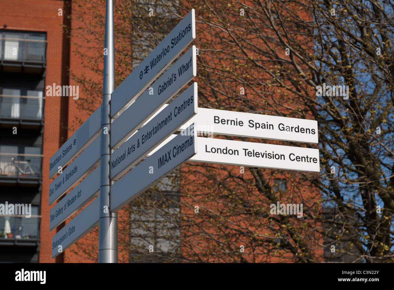 A collection of sign posts on the South Bank, London, England Stock ...