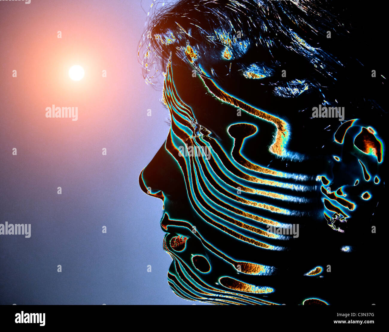 abstract circuit board image projected on female face Stock Photo - Alamy