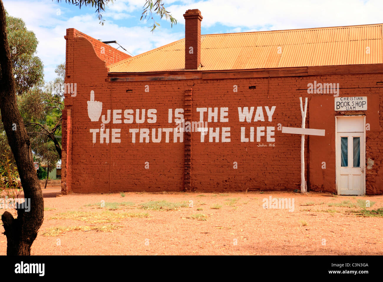 United Church book shop with religious writing on building, Leonora ...