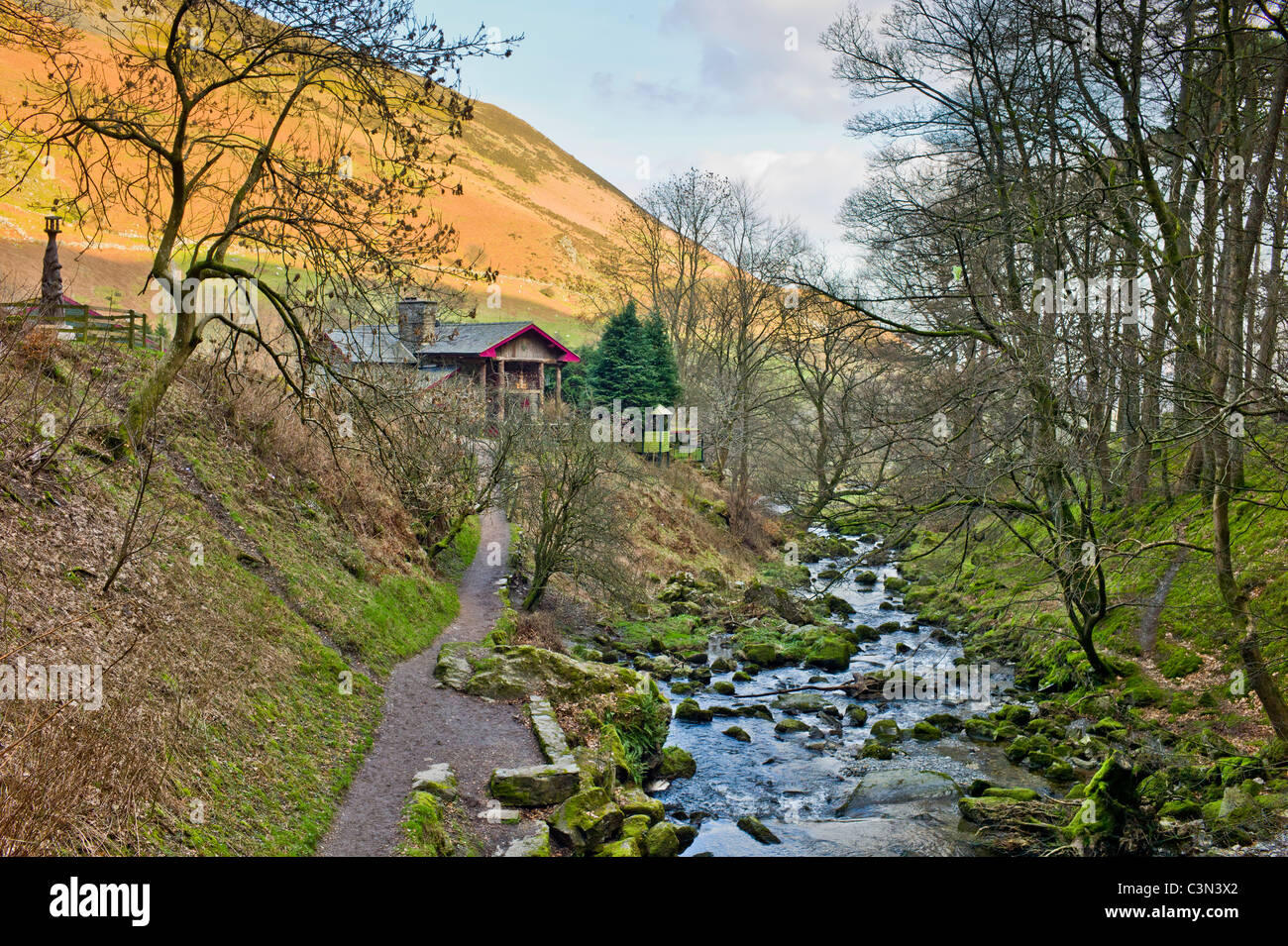 Pistyll Rhaeadr showing the river and the cafe / bed and breakfast ...