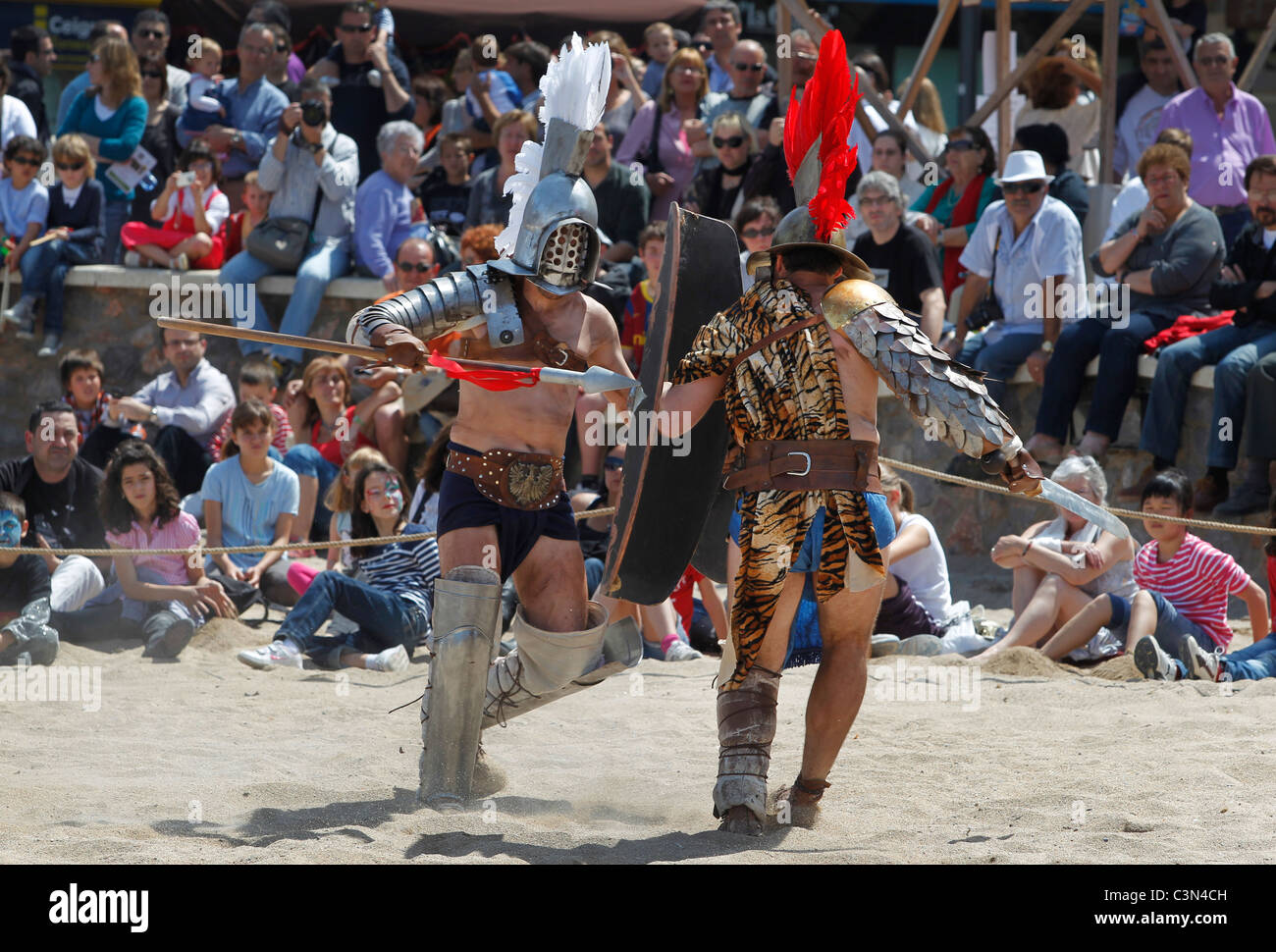 Gladiators fighting at the Roman and Greek festival in L'Escala, Spain ...