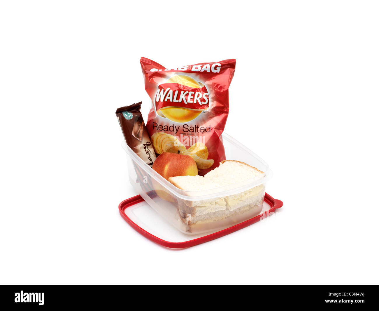 A Packed Lunch - White Bread Cheese Sandwiches, Packet Of Crisps ...