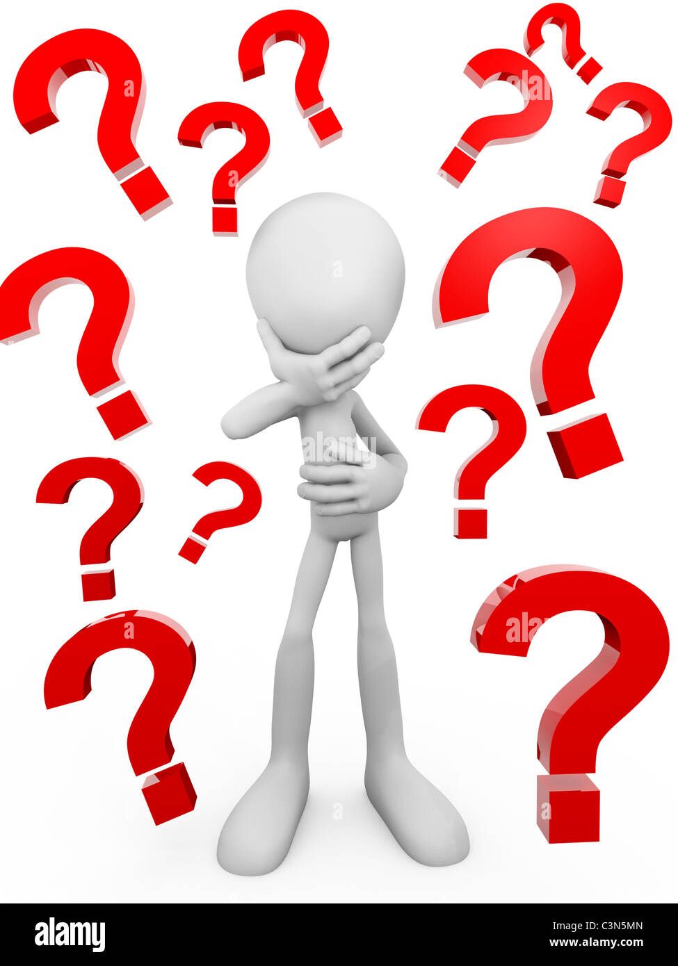 3D Human surrounded by red Question - Marks Stock Photo - Alamy