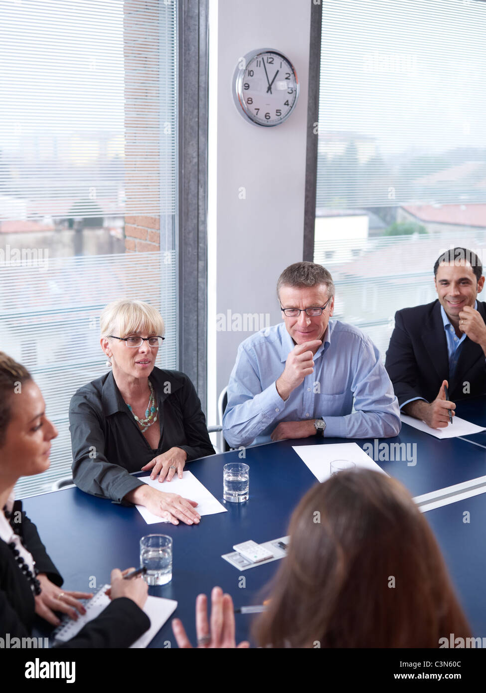 Sitting meeting communication smiling glass side by side conference ...