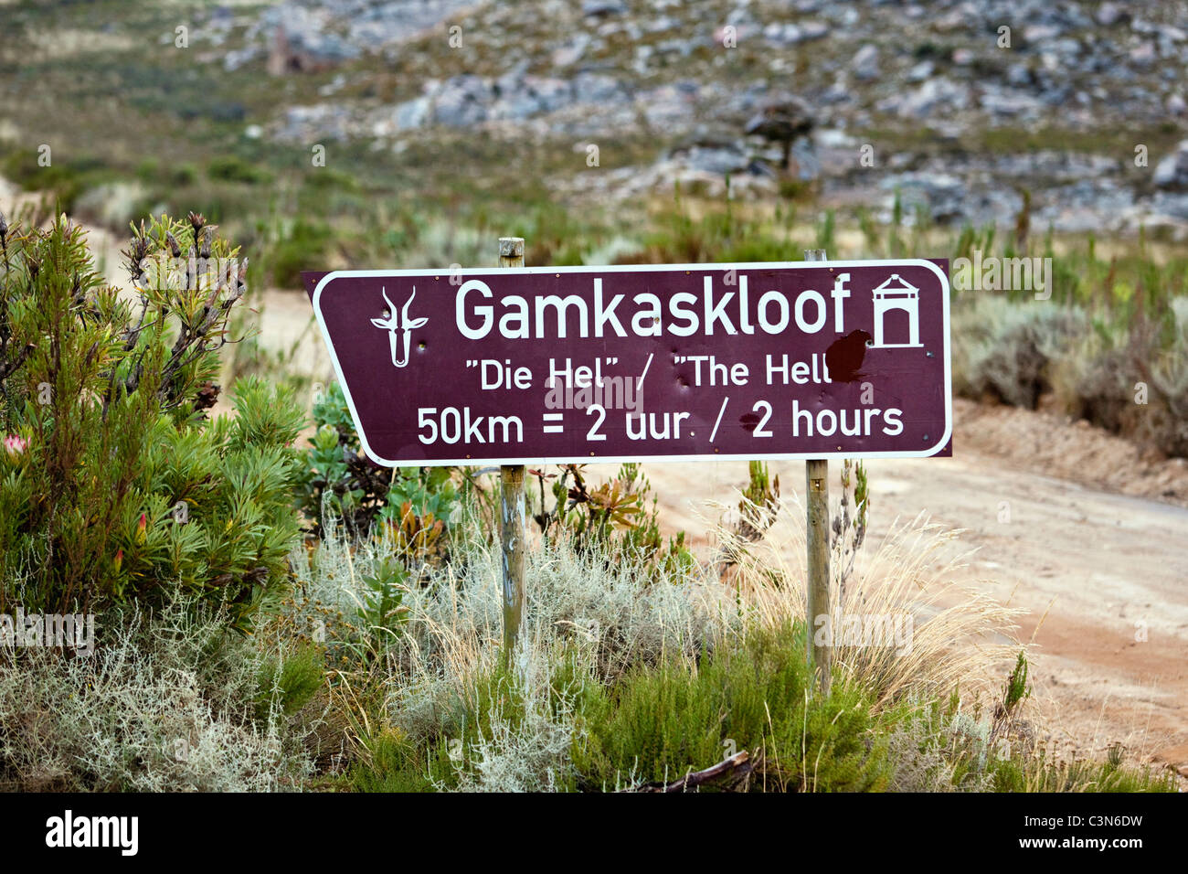 South Africa, Western Cape, Prince Albert, Swartberg Pass. Road sign to ...