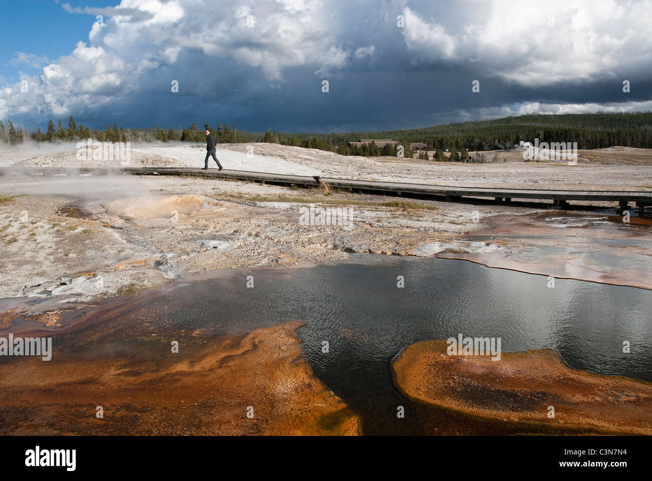 Visitor at Upper Geyser Basin Yellowstone National Park Wyoming USA ...