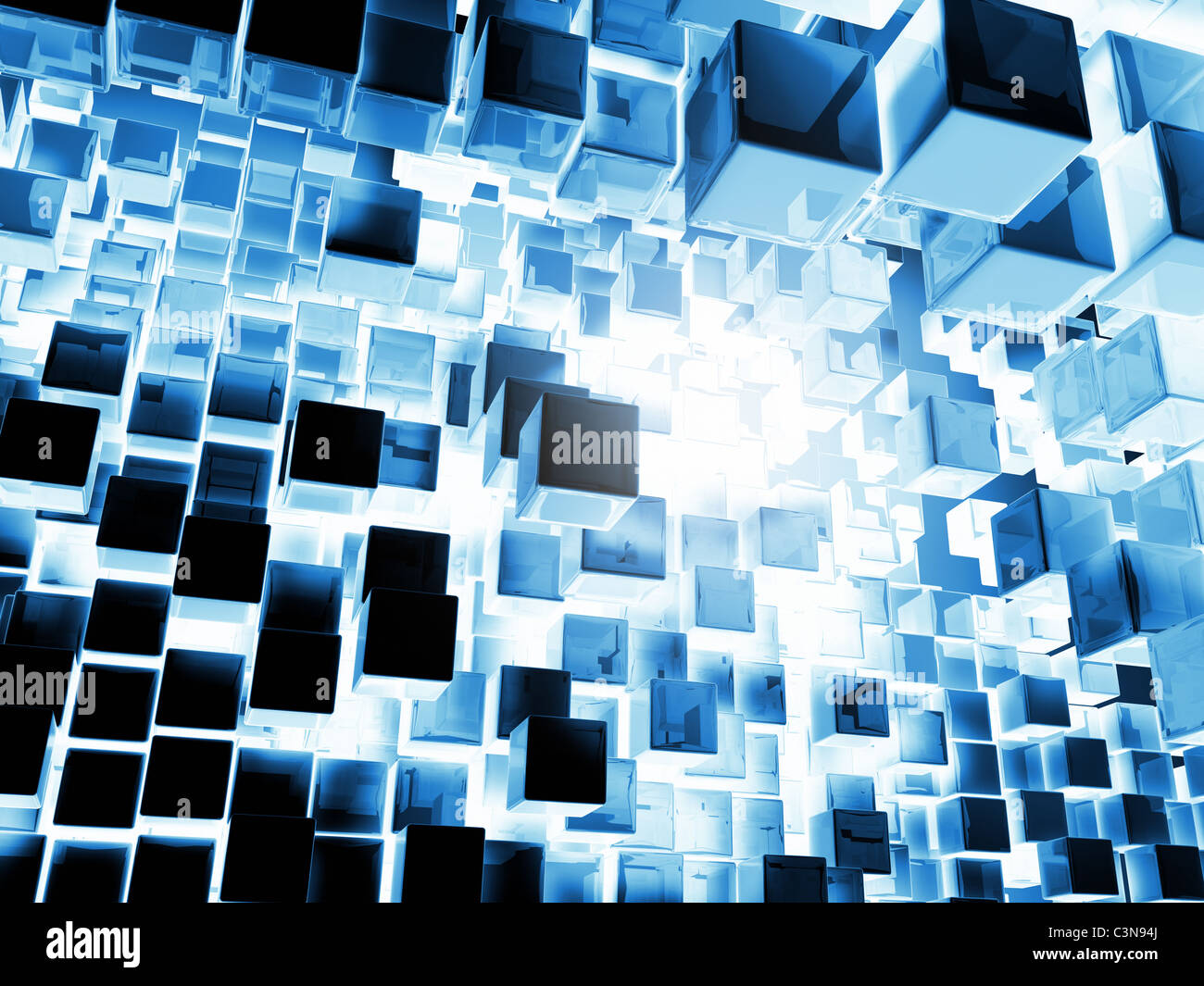 Metal cubes flying into the abyss of light, 3d render Stock Photo - Alamy