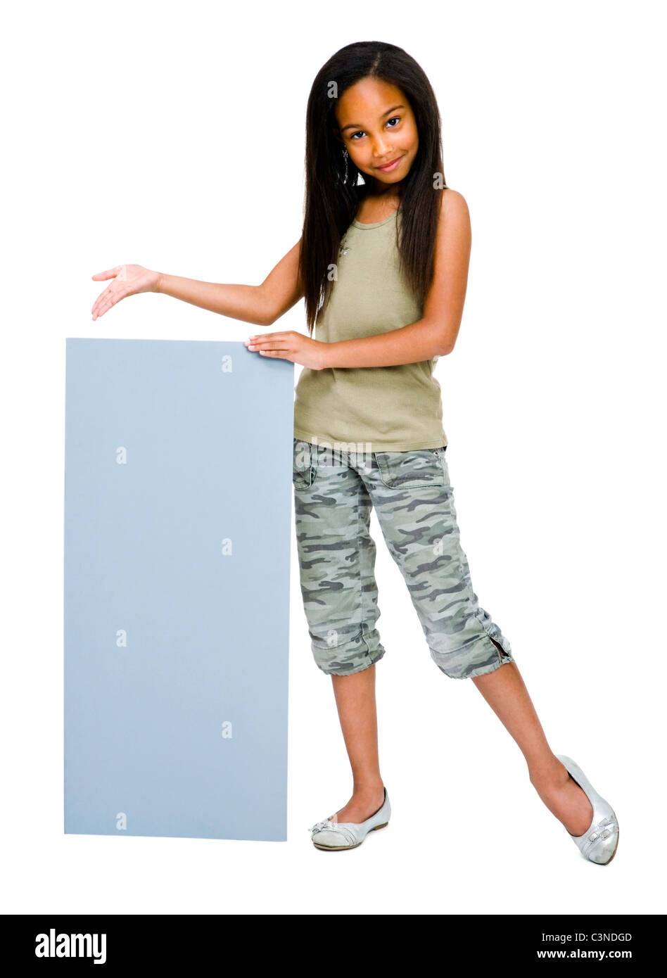 Happy girl showing an empty placard isolated over white Stock Photo - Alamy