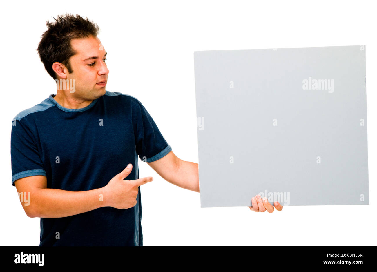 Caucasian man showing an empty placard isolated over white Stock Photo ...