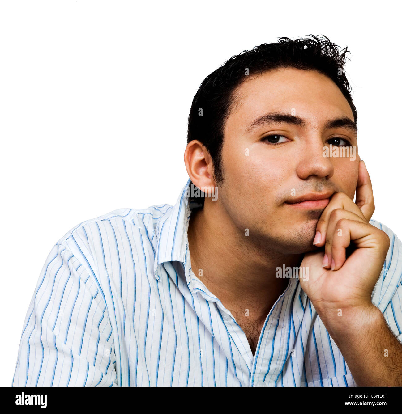Latin American young man thinking and posing isolated over white Stock ...