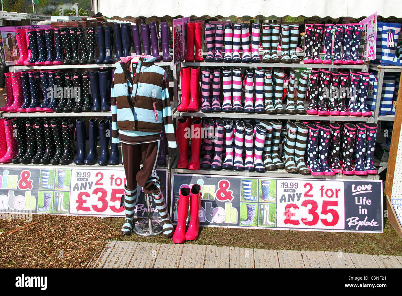 Colourful wellington boot stall at the RHS Spring Show, Malvern ...