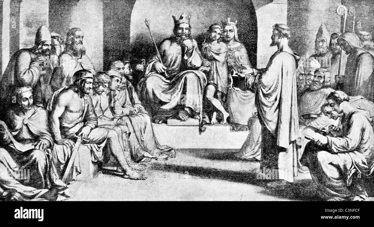 Vintage illustration depicting King Alfred submitting laws to the Witan ...