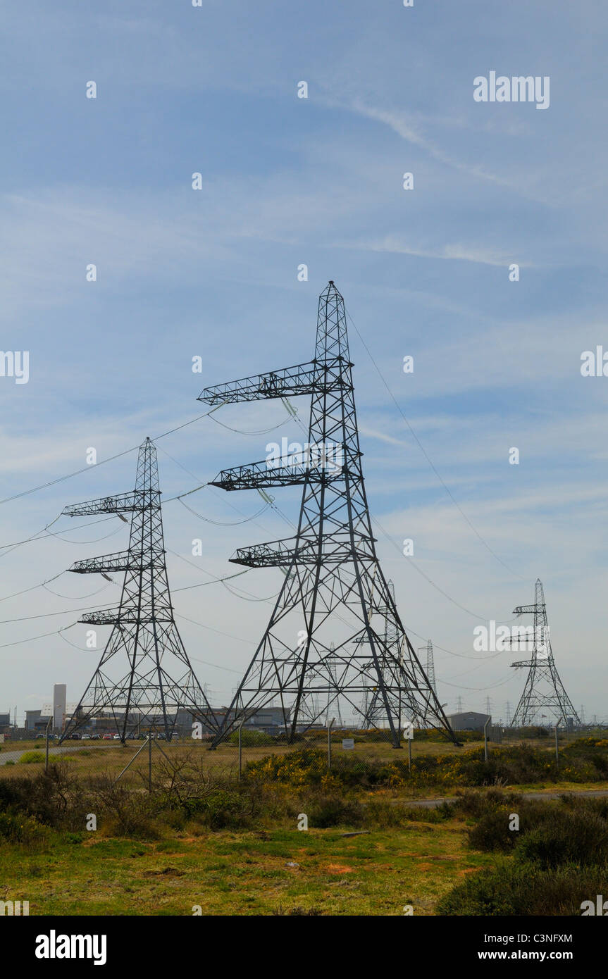 High tension power lines and pylons at Dungeness nuclear power station ...