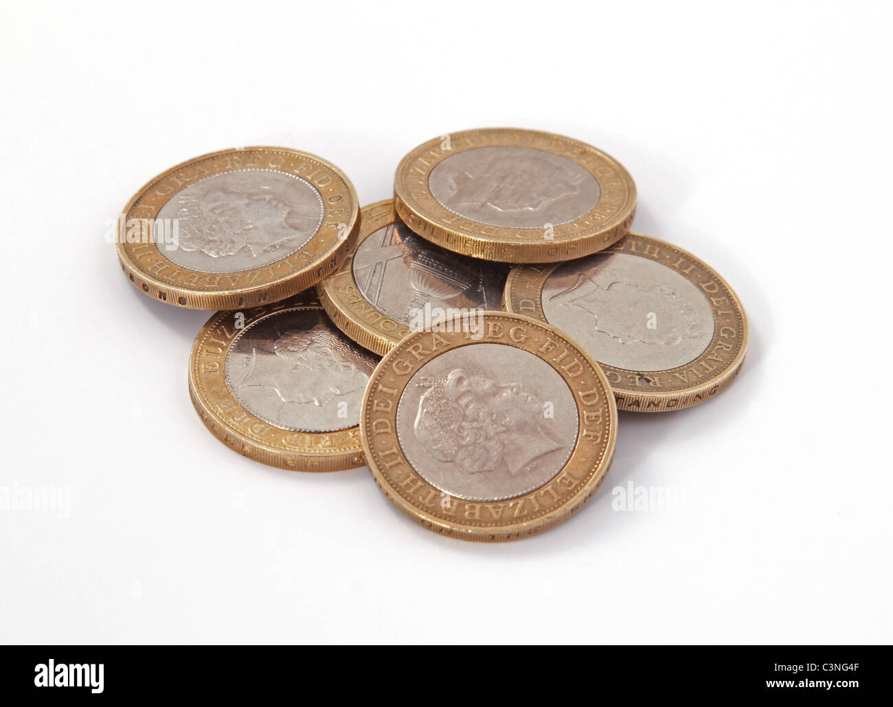 British, UK, two pound coins on a plain white background Stock Photo ...