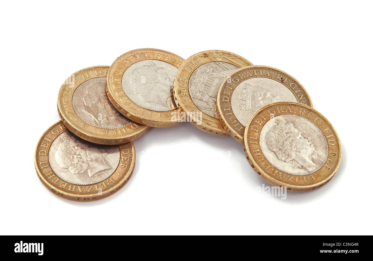 British, UK, two pound coins on a plain white background Stock Photo ...