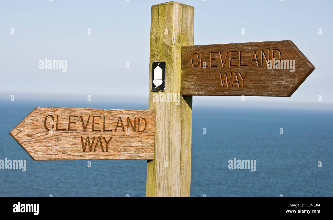 Wooden sign near Whitby for the Cleveland Way coastal path national ...