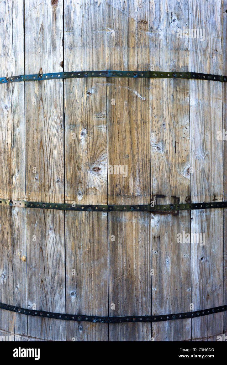 Detail of a large wood barrel at the Hondo Iris Farm and Gallery, in ...
