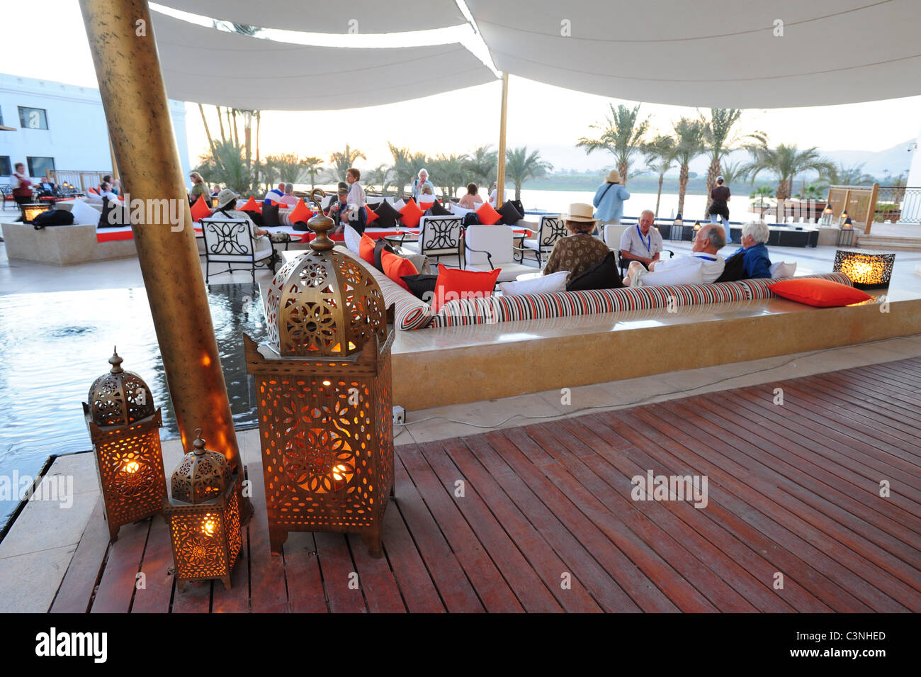 Africa Middle East Egypt Egyptian Luxor - people lounge on a patio deck ...