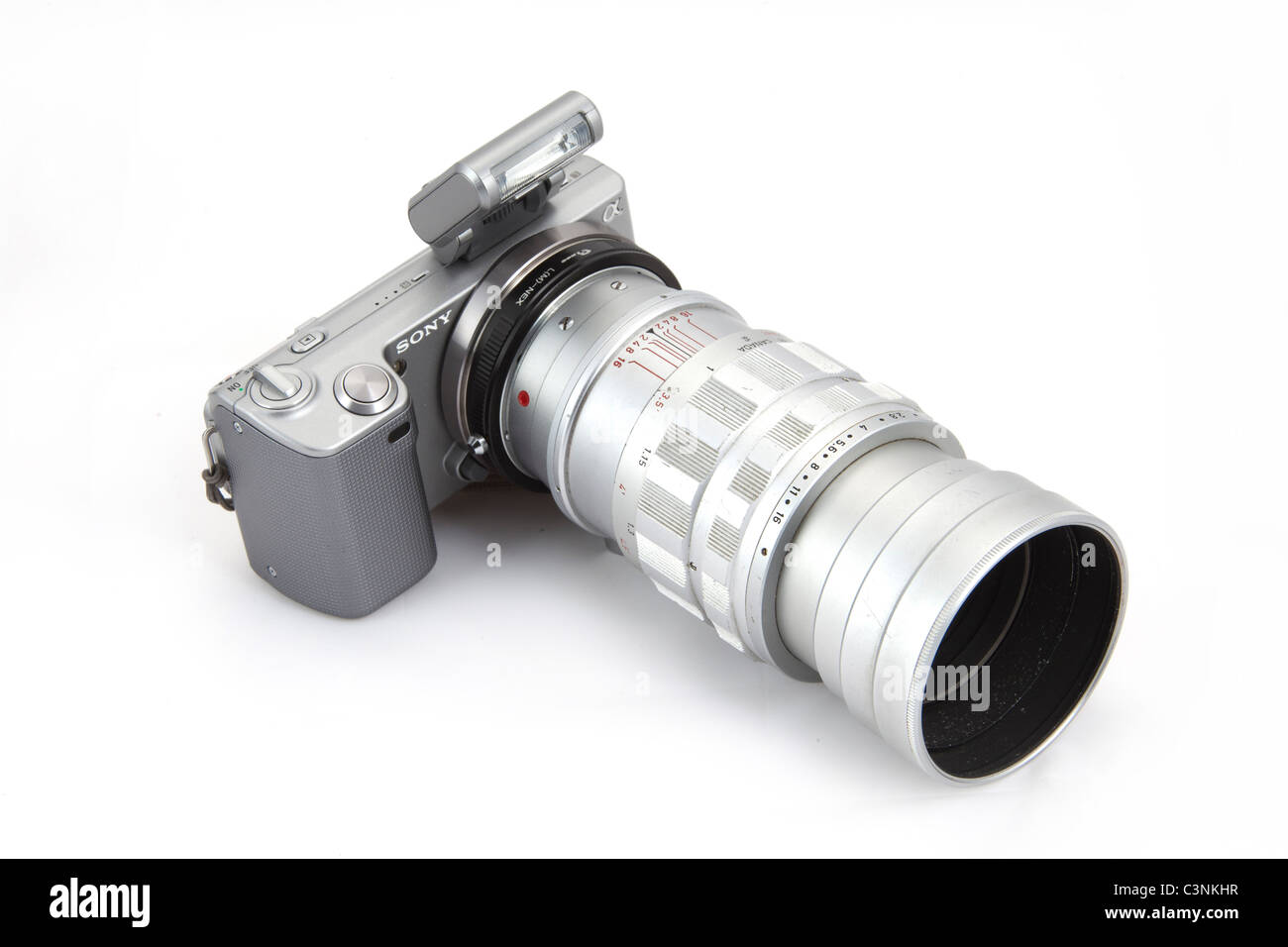 Sony Alpha NEX5 digital camera with external flash and adaptor with ...