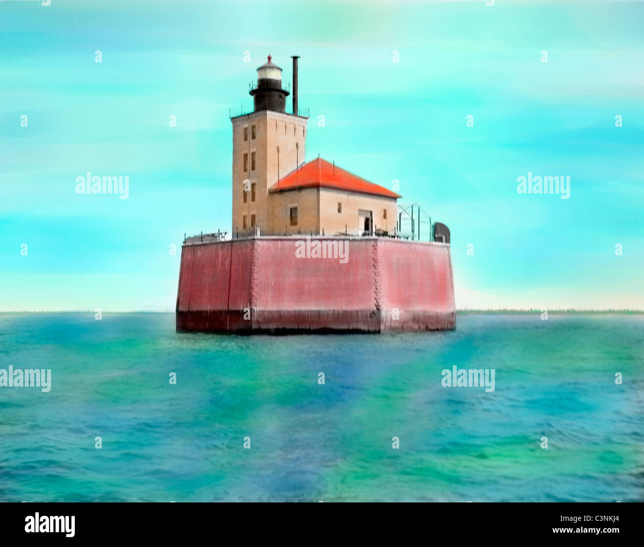 Hand tinted photograph of Port Austin Reef Light House, Lake Huron ...