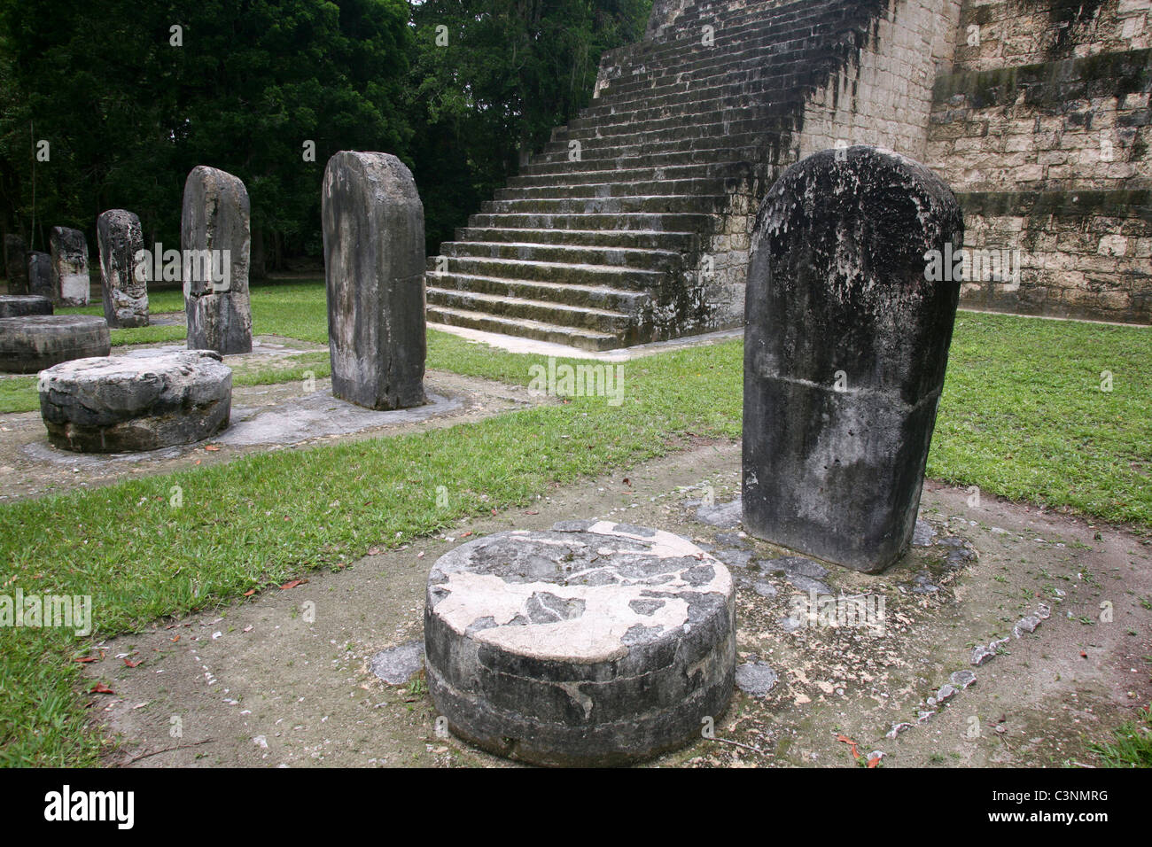 Mayan bas relief tablets in front of a temple in Complex O. Tikal, El ...