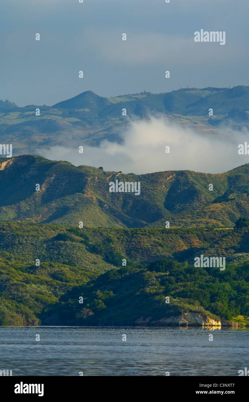 Rugged green hills in Spring over Lake Cachuma, near Santa Ynez, Santa ...