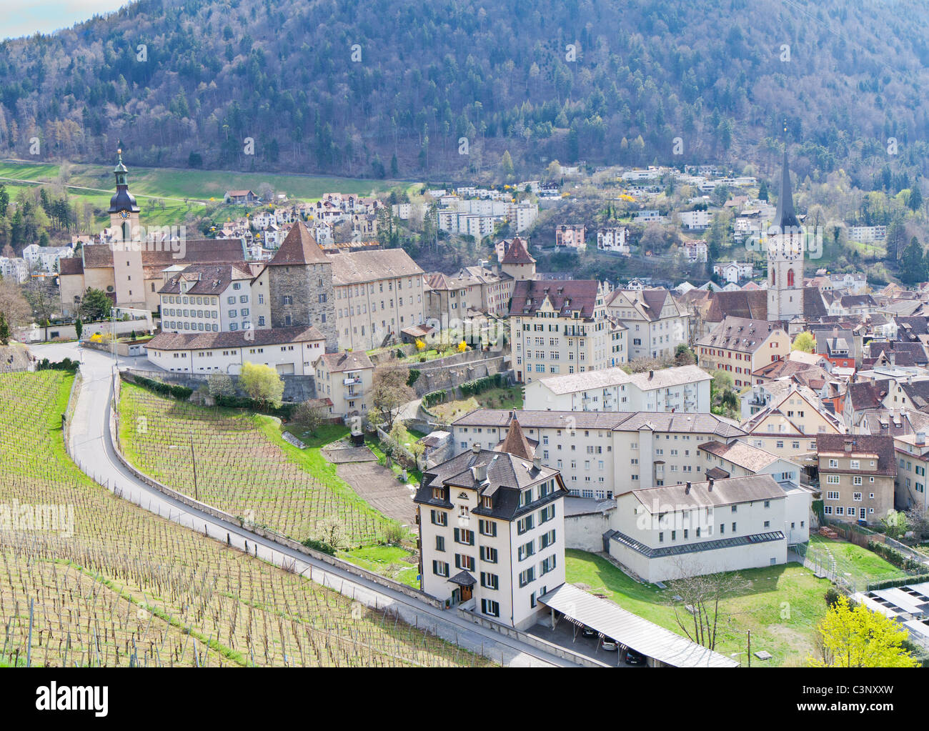 historic city center with church, castle and old houses surrounded by ...