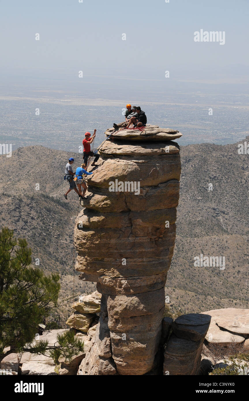 Rock climbers at the Hitchcock Pinnacle at Windy Point Vista on Mount ...