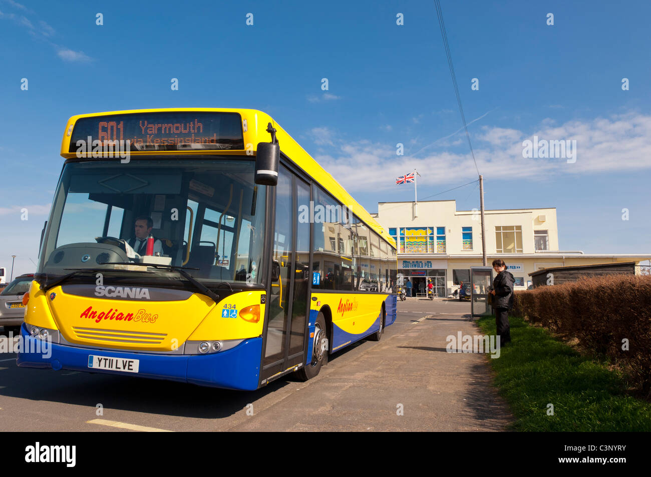 An Anglian bus waiting to pick up passengers from the pier at Southwold ...