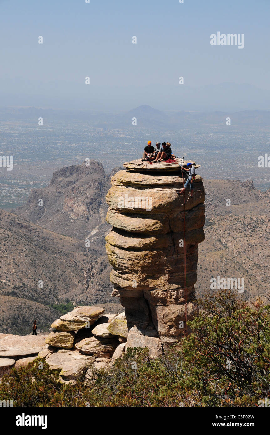 Rock climbers at the Hitchcock Pinnacle at Windy Point Vista on Mount ...