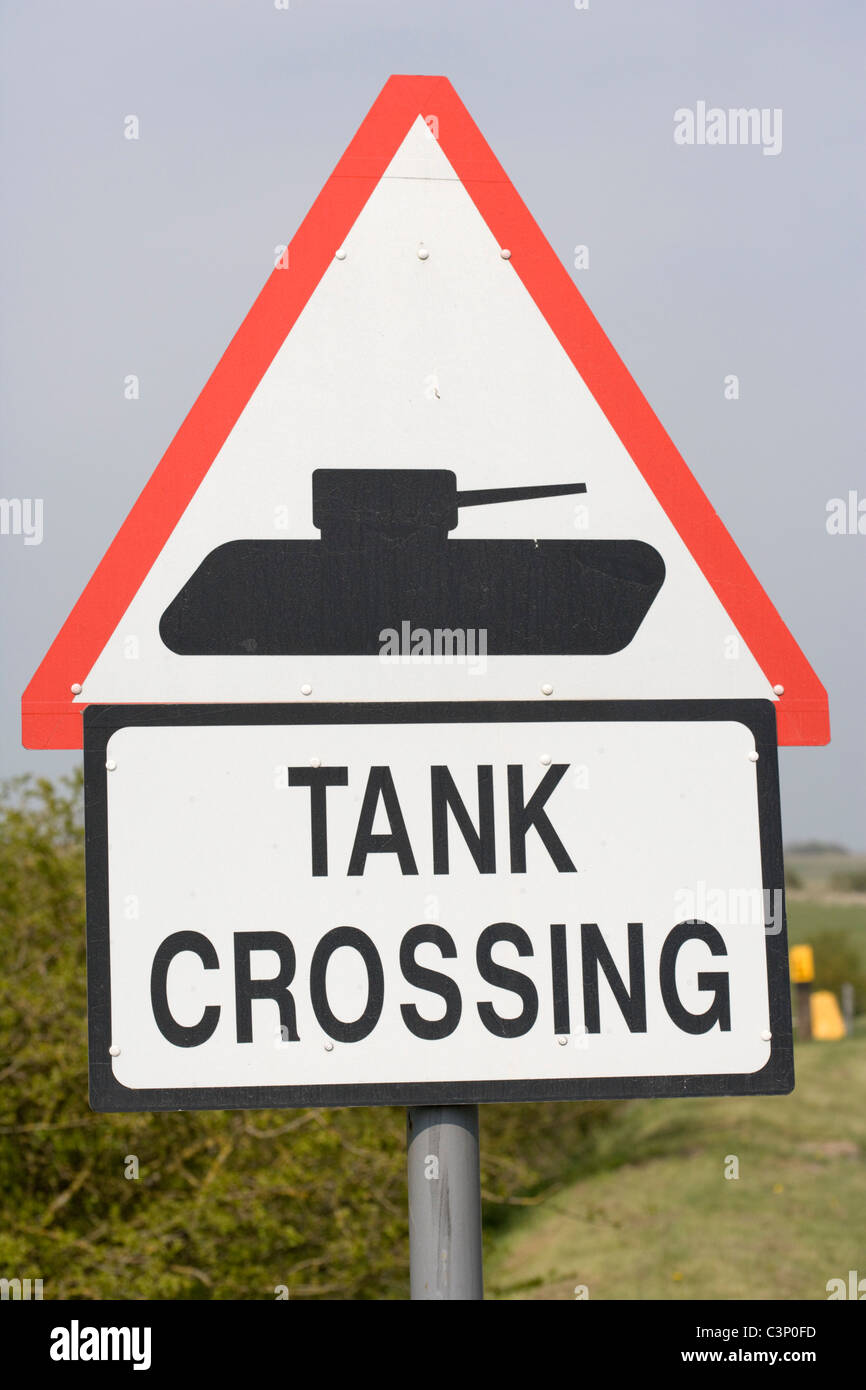 Tank crossing warning traffic sign England Stock Photo - Alamy