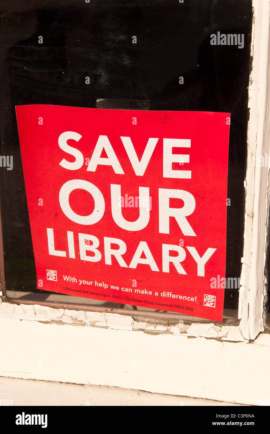 A sign reading save our library in a house window at Southwold ...