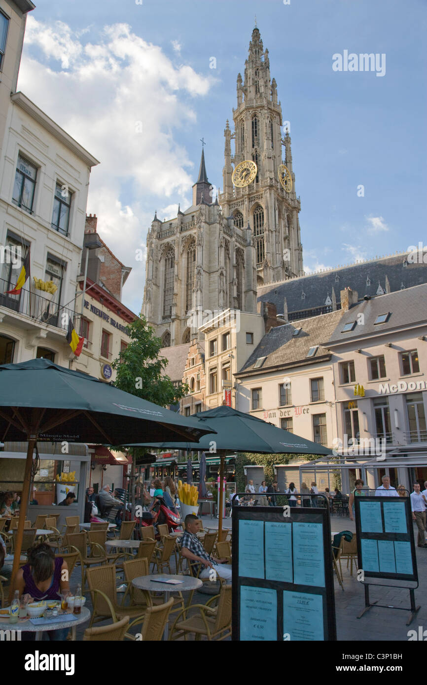 Cafe at Groenplaats with Cathedral of Our lady at background. Antwerp ...