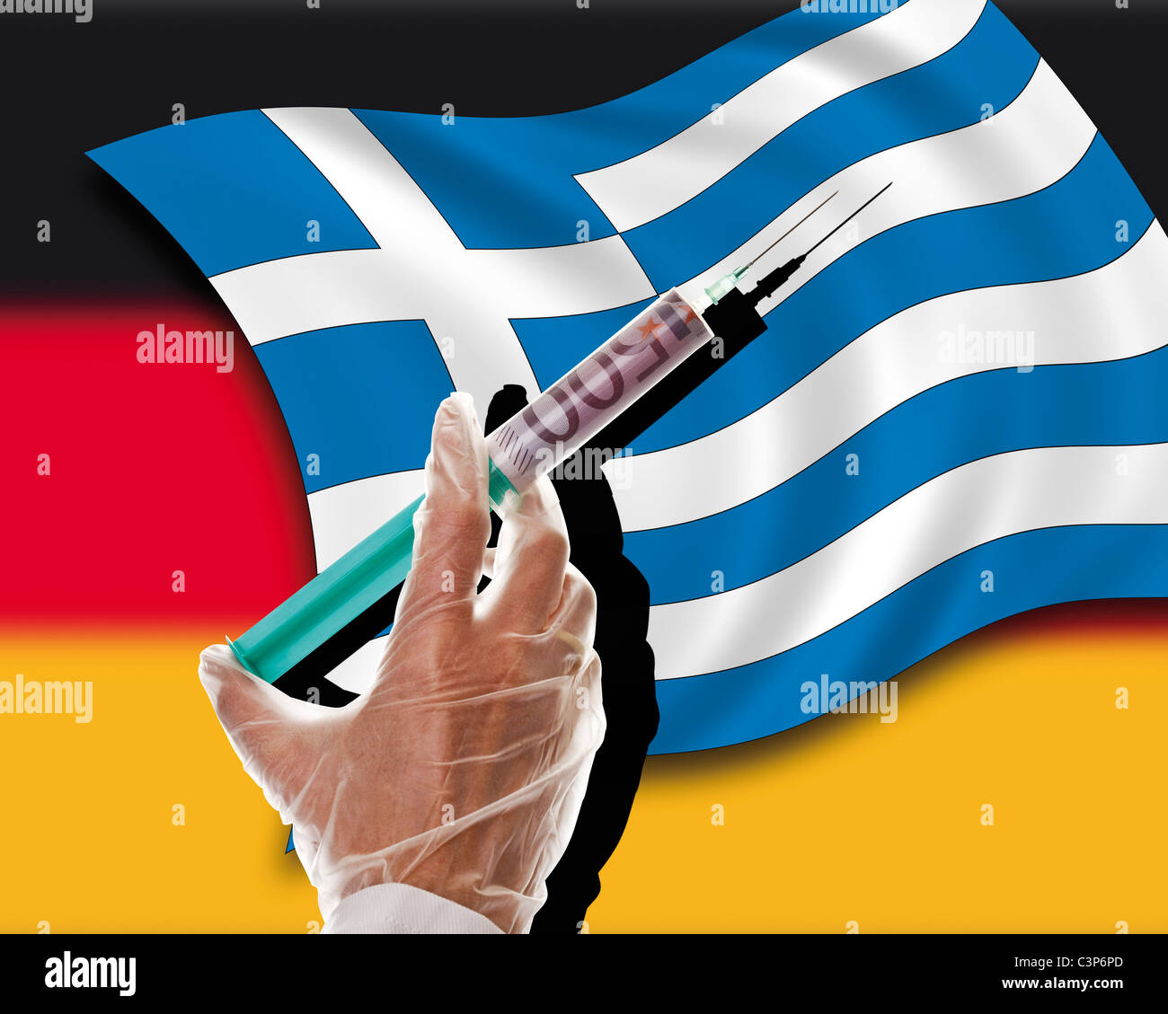Close up of cash injection on greek flag against german flag Stock ...