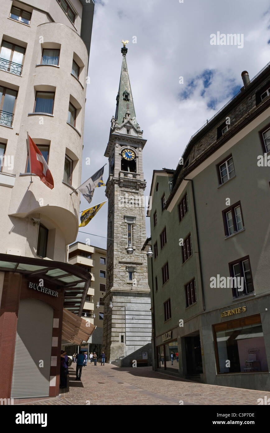 clock tower and shops in the centre of St Moritz Dorf, St Moritz ...