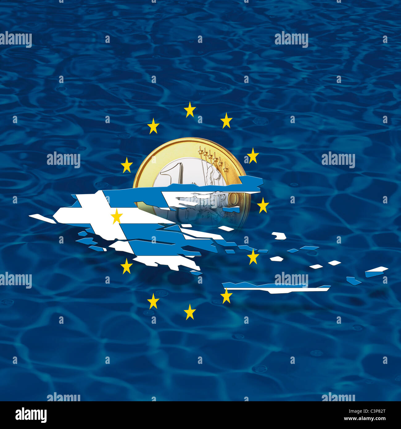 Contour of Greece with European Union stars and euro coin against blue ...