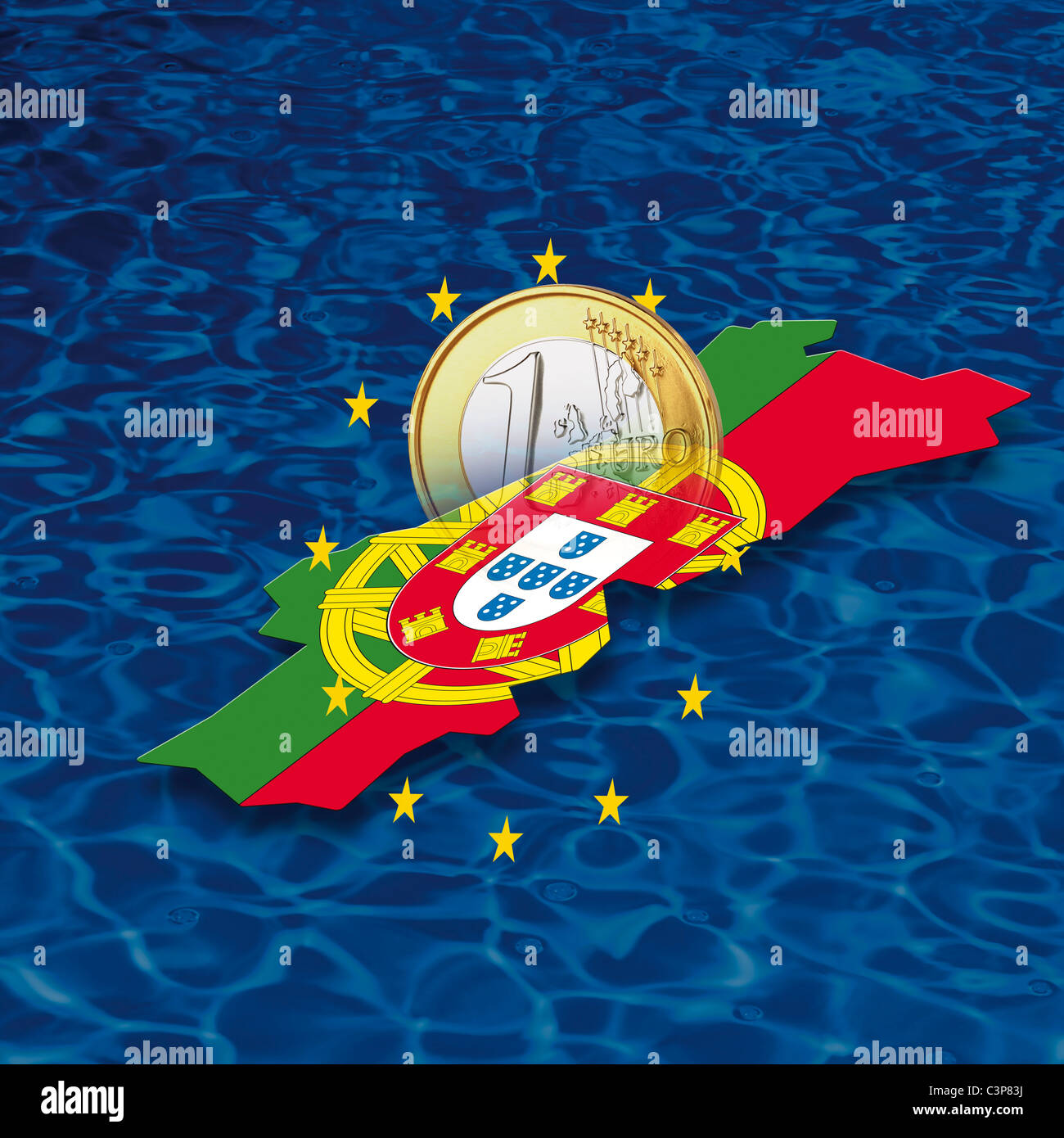 Contour of Portugal with European Union stars and euro coin against ...