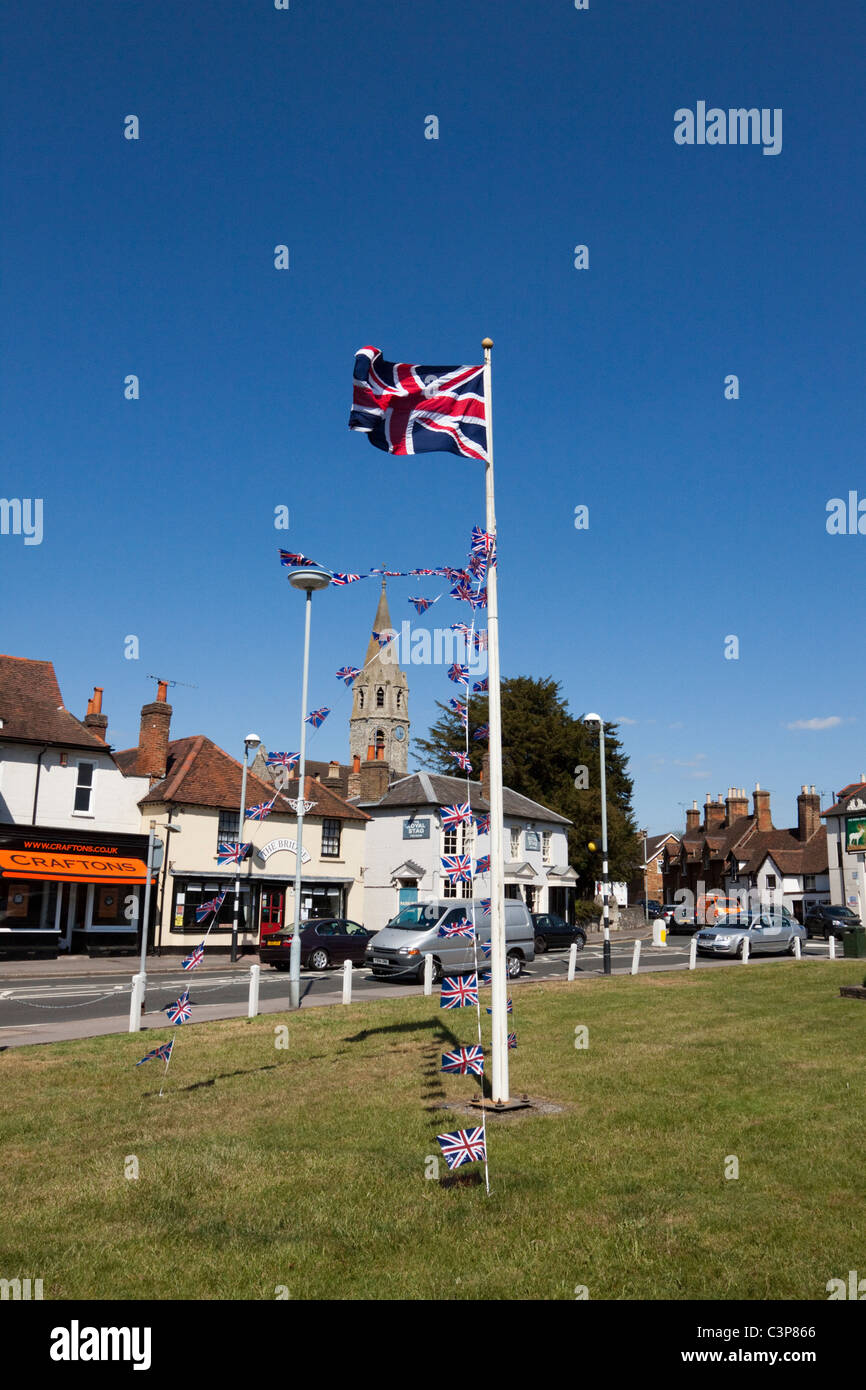 Village green in Datchet flying the Union Jack from a flag pole ...