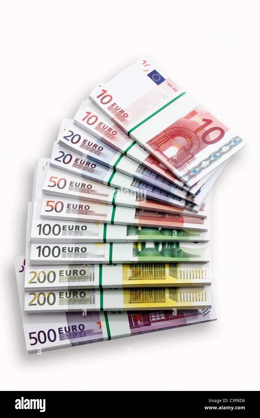 Bundles of Euro banknotes on white background, close-up Stock Photo - Alamy