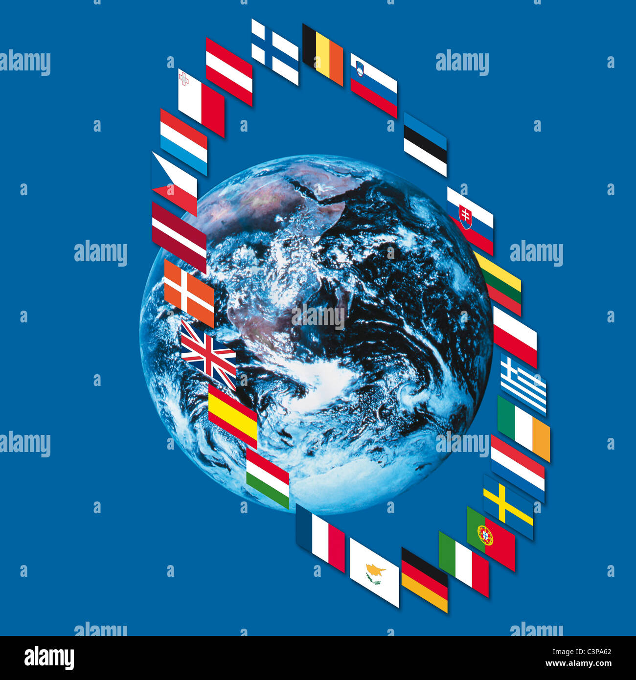 Variety of european flags around earth, close up Stock Photo - Alamy