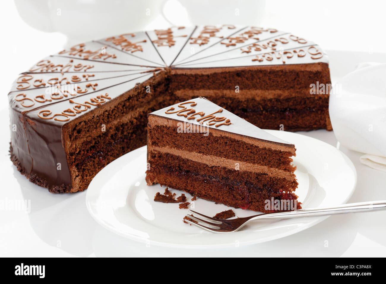 Sacher cake slice in plate Stock Photo - Alamy