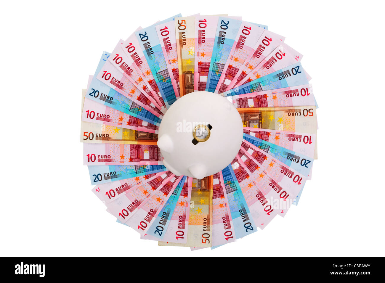 Photo of a piggy bank on a circle of Euro banknotes with a 1 Euro coin ...