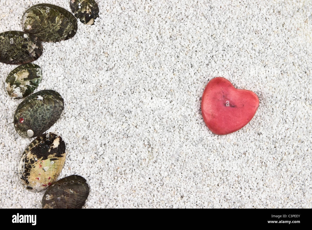 several black and grey shells in white sand with a heart Stock Photo ...
