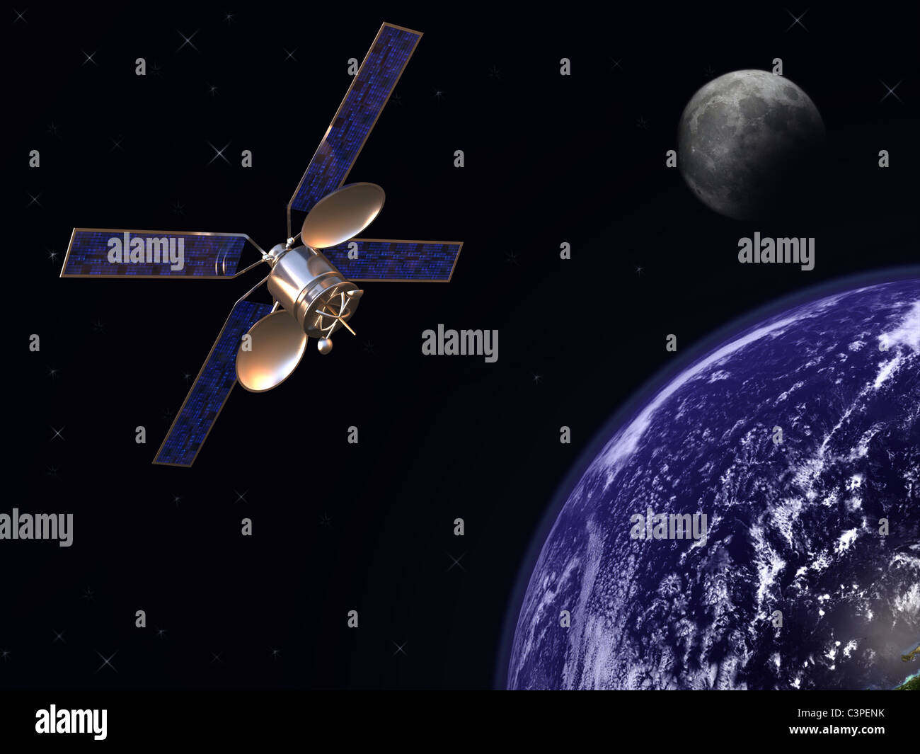 Communication satellite in earth orbit with moon in background Stock ...