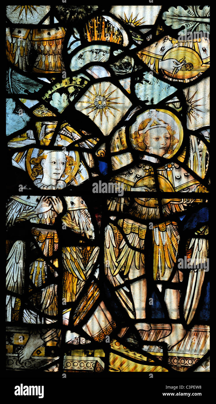 Medieval stained glass window depicting feathered angels, Bale, Norfolk ...