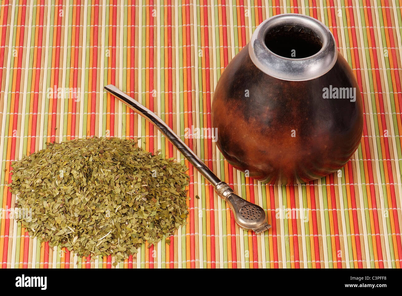 mate with calabash on colorful bamboo mate Stock Photo - Alamy